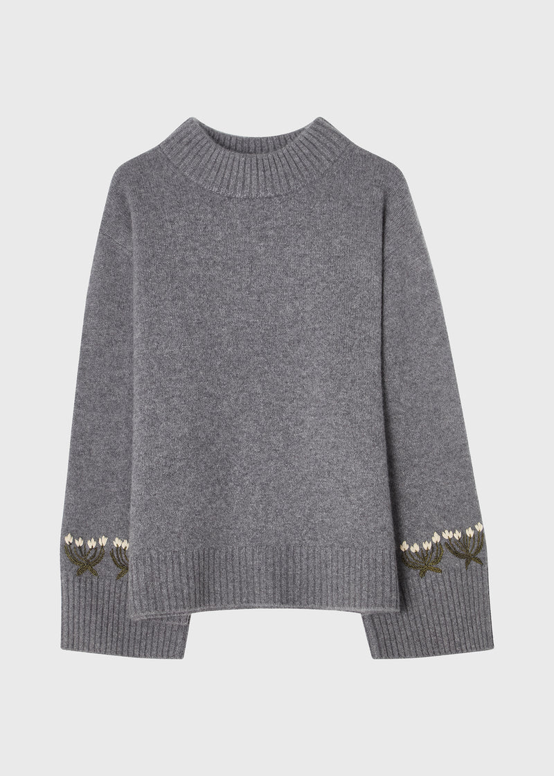 Clover Cashmere Wood Anemone Embroidery Sweater Smoke
