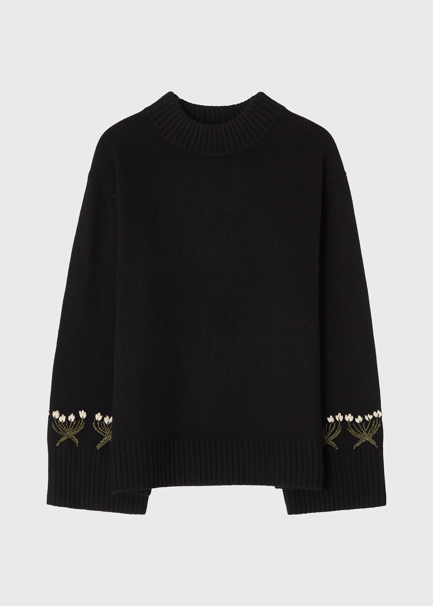 Clover Cashmere Wood Anemone Embroidery Knit Sweater Black