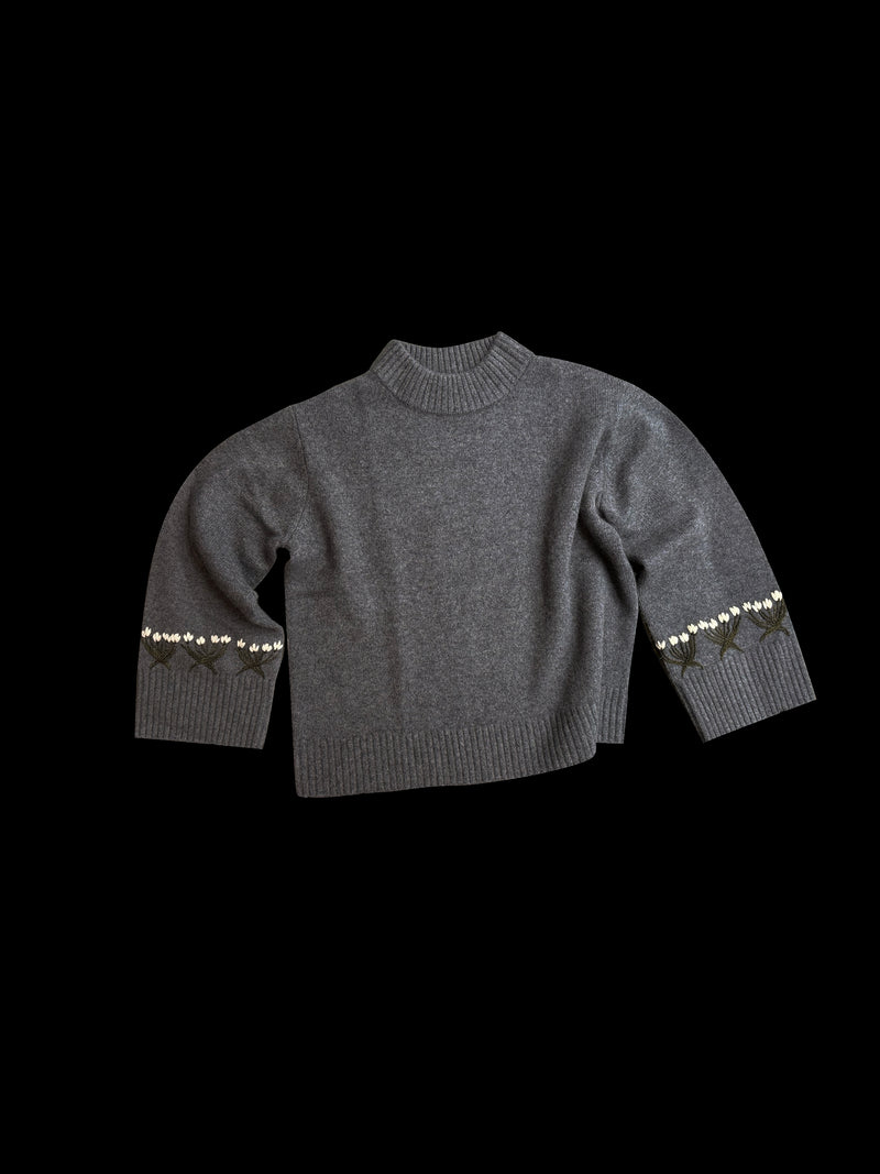 Clover Cashmere Wood Anemone Embroidery Sweater Smoke